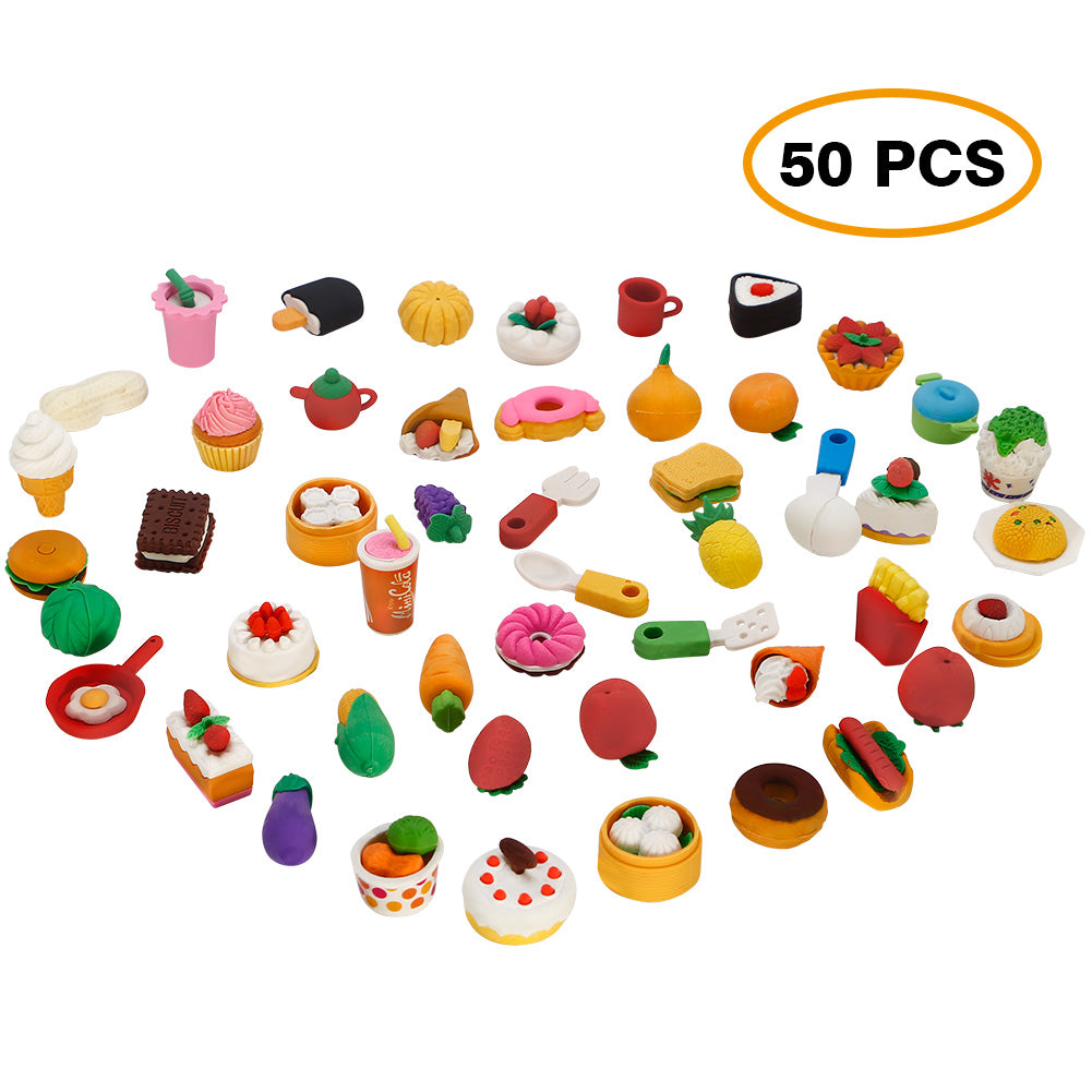 GAOMON 50pcs Cute Food Fruits Mini Pencil Erasers Set for Children