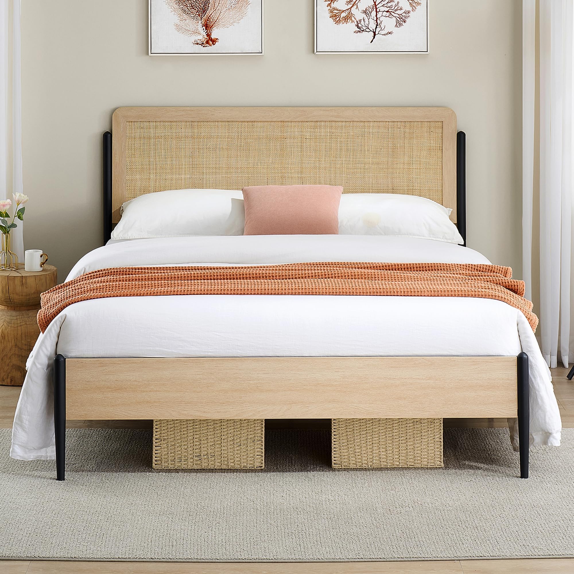 GAOMON Full Bed Frame,Metal Bed Frame with Curved Rattan Headboard and