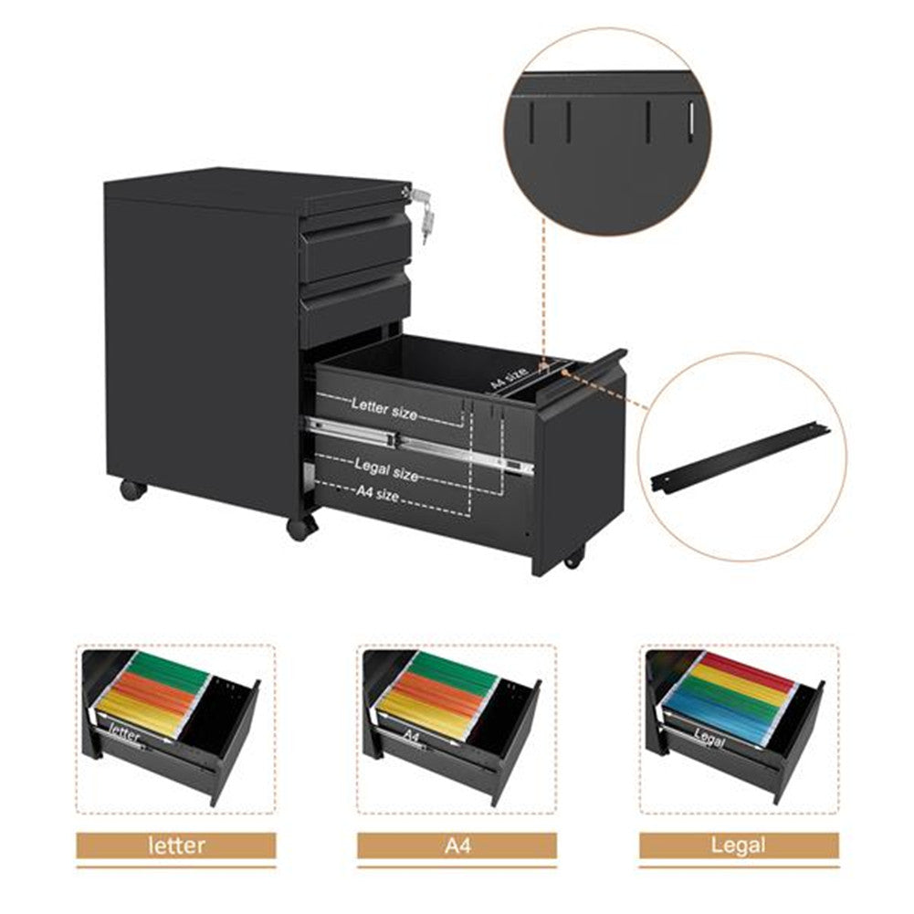 GAOMON 39cm Movable Storage Cabinet with 3 Side-pull Drawers File Cabi