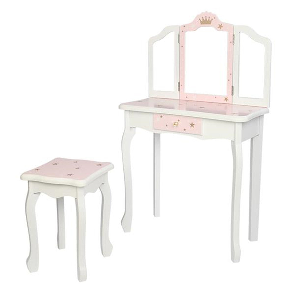 AMYOVE Children Dressing Table Set with Three-sided Folding Mirror Sin